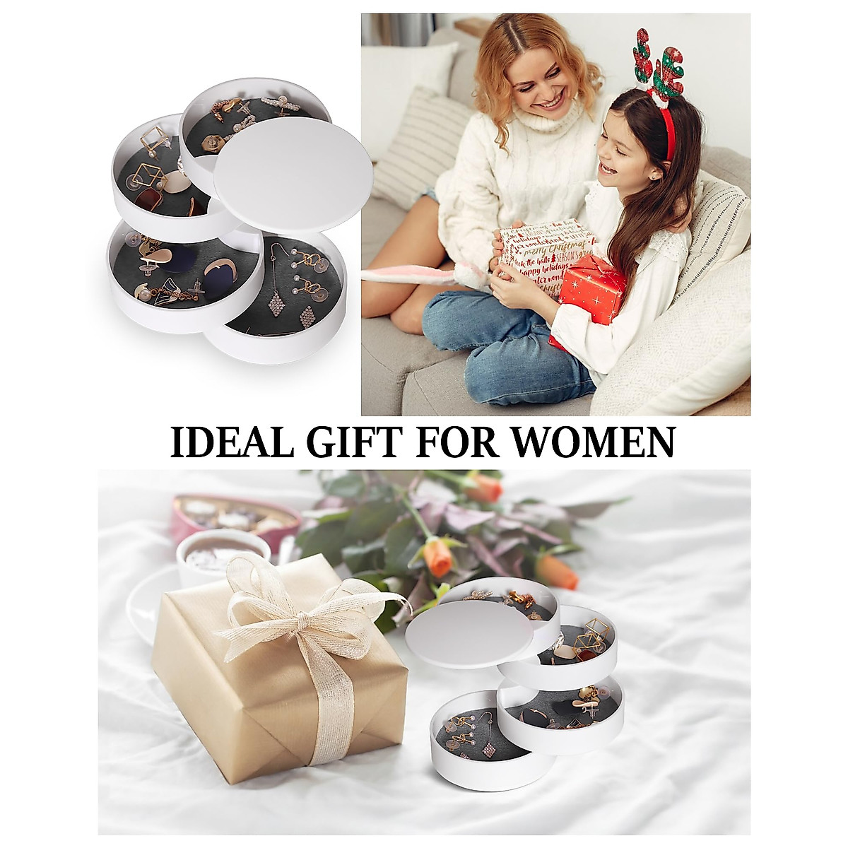 CONBOLA Jewelry Organizer, Small Jewelry Storage Box Earring Holder for Women, 5-Layer Rotating Travel Jewelry Tray Case with Lid for Bracelets Rings Bracelets(White)