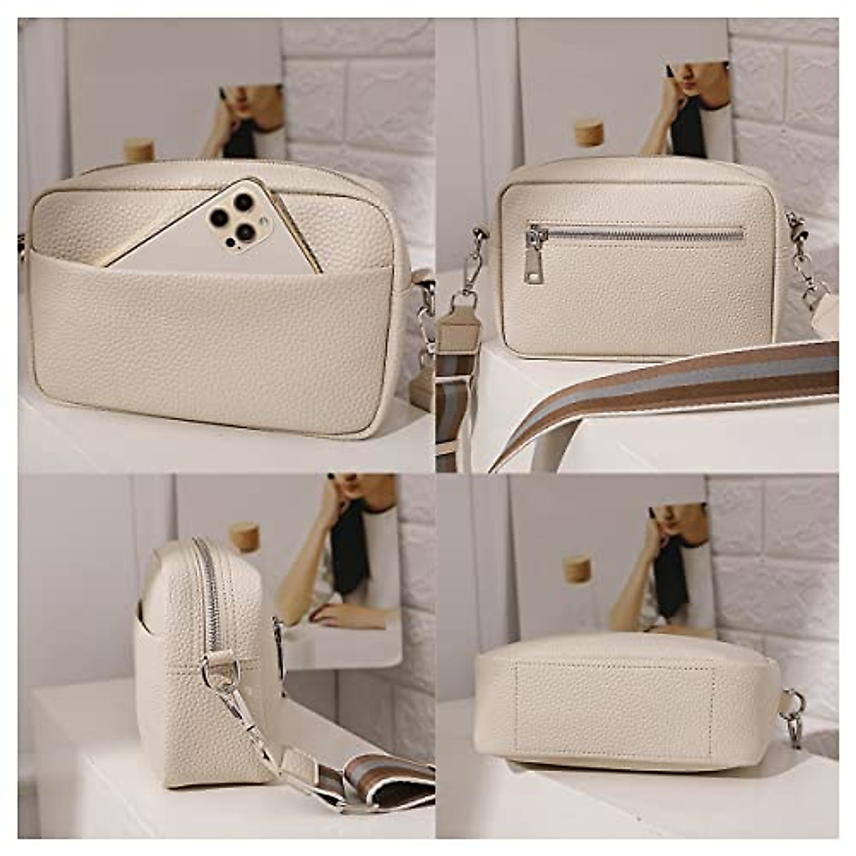 Lushandy Leather Crossbody Bags for Women Crossbody Camera Bag Purse Thick Strap Trendy Small Shoulder Bag with Guitar Strap (Beige)