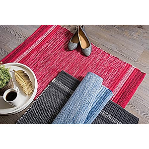 CC Home Furnishings 24" x 36" Blue and White Striped Squares Reversible Recycled Rag Rug