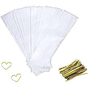 Enenes Cellophane Goody Bags Pretzel Bag 100 PCS Cello Treat Bag Party Favor Bag Clear Candy Bags Metallic with Twist Ties for Gift Bakery Cookies Dessert (2.4X10 Inch，100PCS)