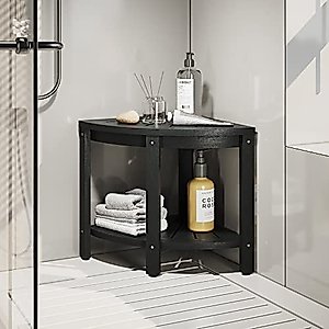 DWVO Poly Lumber Shower Bench 18" Shower Stool Corner Bench with Storage Shelf, Wood Texture Corner Seat for Bathroom, Spa, Corner Shower Stool for Bathroom Living Room (Black)