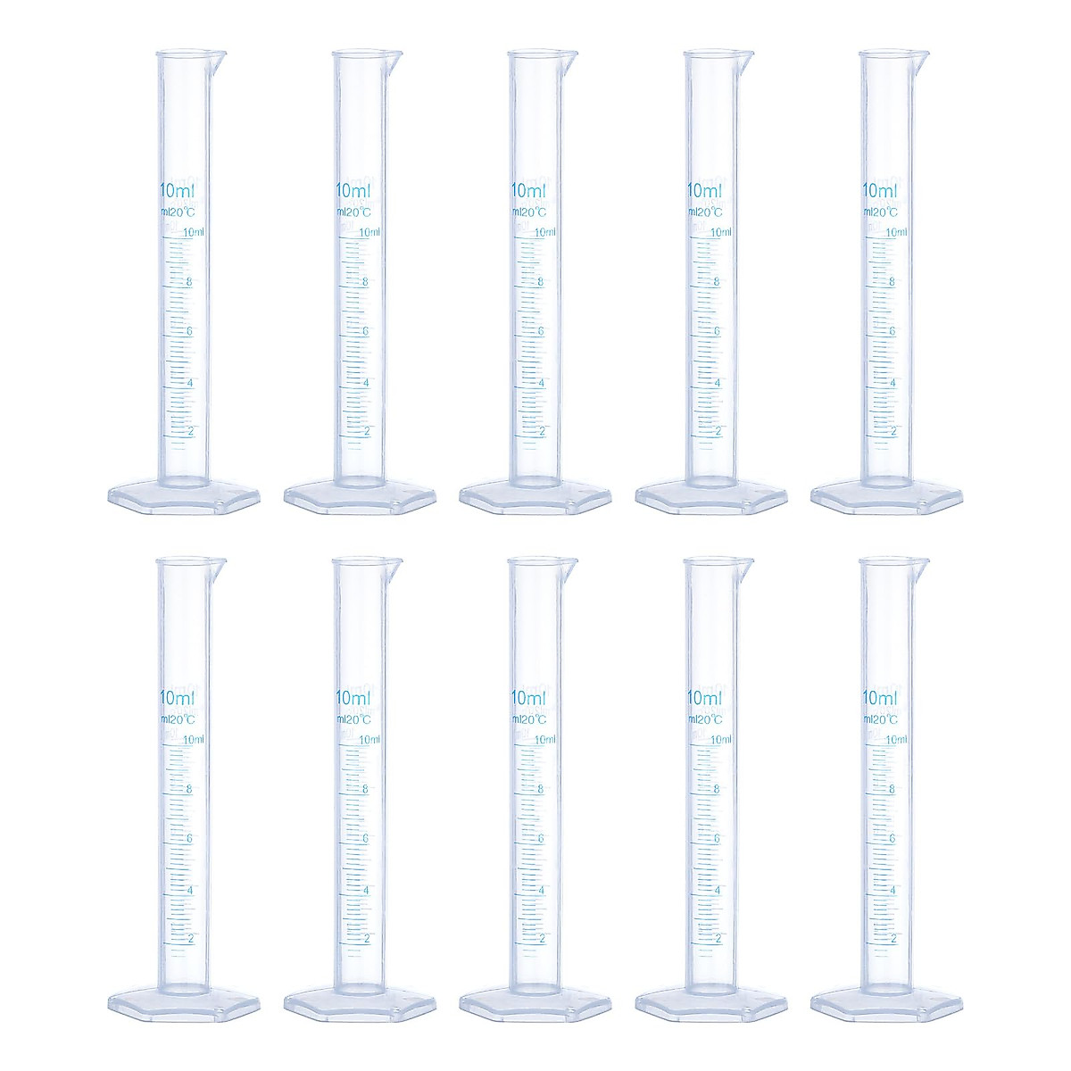 uxcell Plastic Graduated Cylinder, 10ml Measuring Cylinder, Test Tube Beakers, 2-Sided Metric Marking, Clear Hex Base for Lab Home 10Pcs