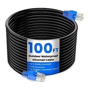 AURUM CABLES CAT5e Outdoor Waterproof Ethernet Cable with 24AWG RJ45 Plugs 350MHz Direct Burial Network Internet Cable for Data LAN Routers Modems Black 100 ft 1 Pack