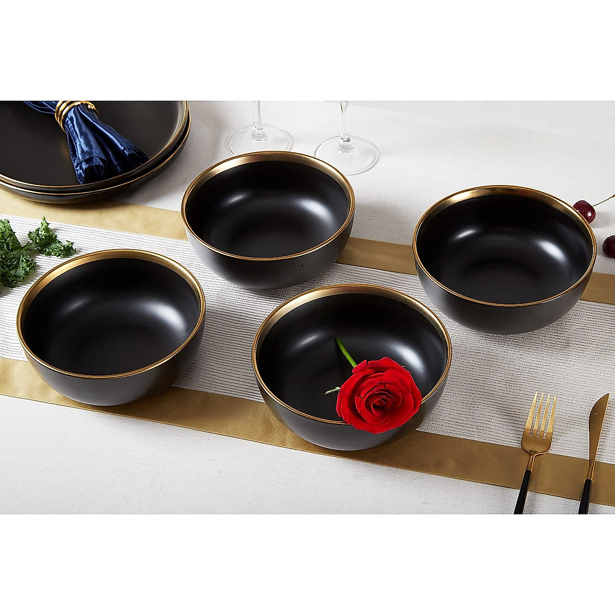 DUJUST Matte Black Porcelain Dinner Bowls of 4, 7 inch (27oz), Luxury Design with Handcrafted Gold Trim, Easy to Clean, Great Durability for Cereal/Soup/Rice/Oat, Chip Resistant, Lead-Free & BPA-Free