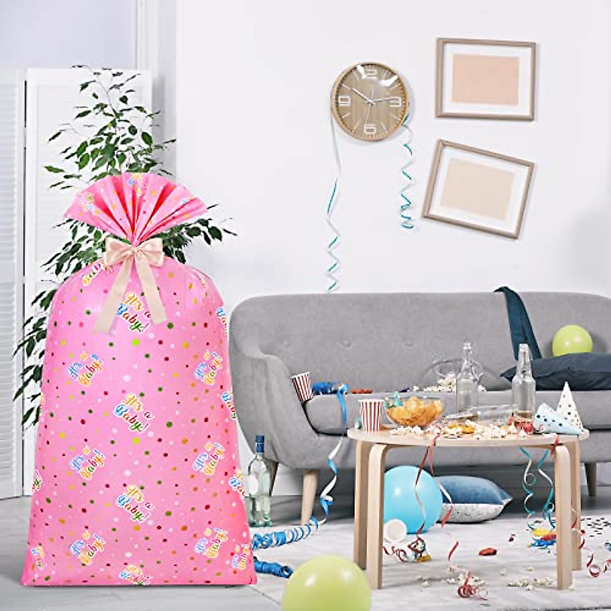 2 Pcs 70"x 40" Large Jumbo Gift Bag for Giant Gifts, Extra Big Plastic Present Bag for Huge Gifts Wrapping Bags with 2 Rolls Ribbons for Baby Shower Birthday Christmas Party Supplies (Fresh Style)