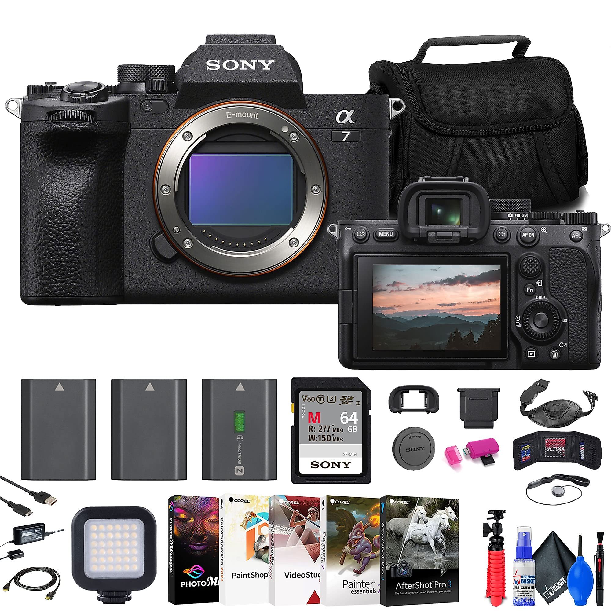 Sony a7 IV Mirrorless Camera (ILCE-7M4/B) + 64GB Memory Card + Bag + 2 x NP-FZ100 Compatible Battery + Card Reader + LED Light + Corel Photo Software + Flex Tripod + Hand Strap + More (Renewed)