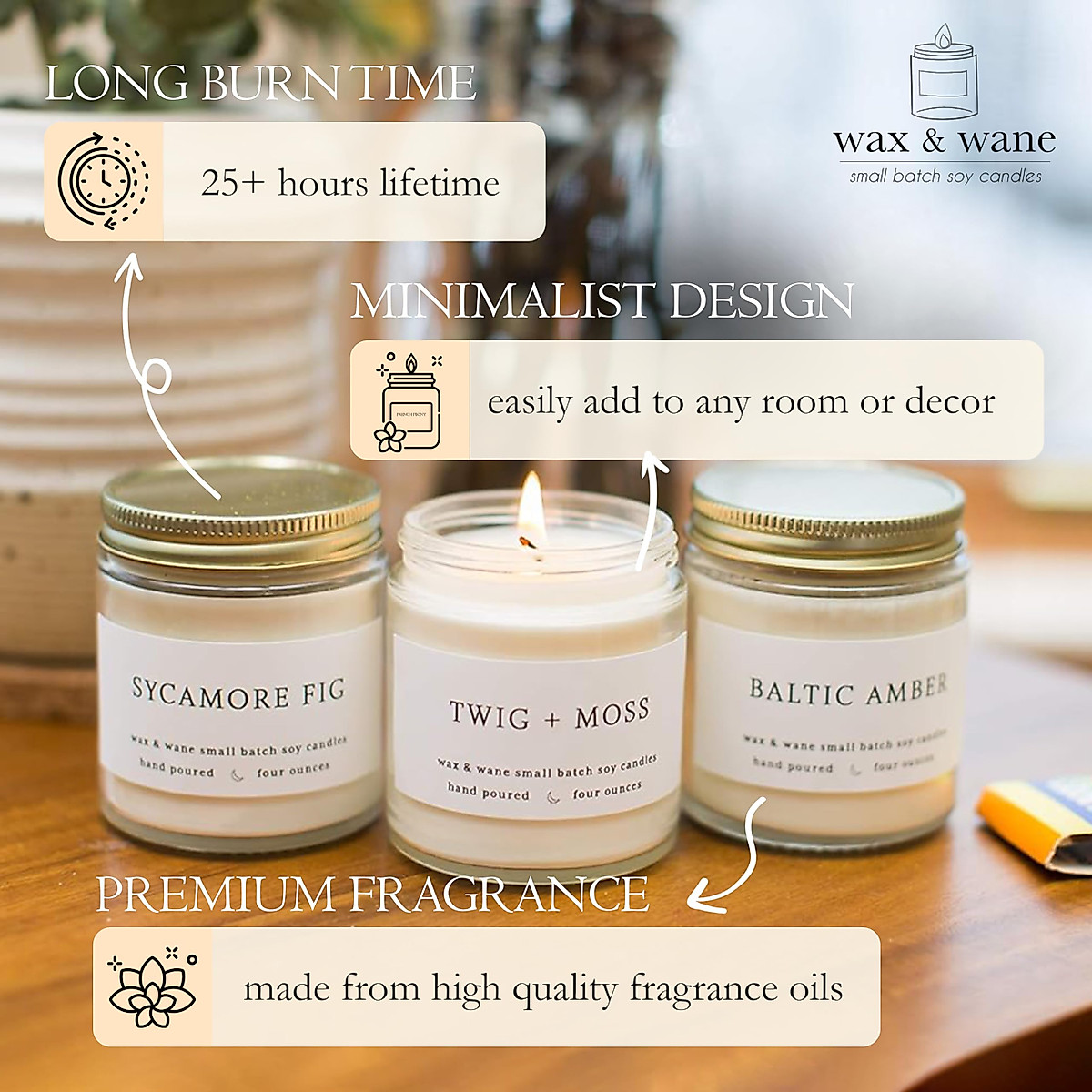 Wax & Wane Signature Line Scented Candle Set of 3-4oz Handmade Candles For Men and Women - Long Burning 25+ Hours Candles For Home, Bedroom, and Bathroom - 100% Natural Soy Candles Made in the USA