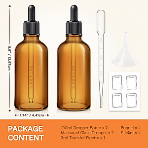 Bumobum 2 Pack, 100ml Dark Amber Dropper Bottle with Measured Dropper - 3.4 oz Brown Glass Tincture Bottles with 1 Funnel & 1 Pipette & 4 Labels, Leakproof Eye Dropper for Oils, Liquids