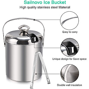 Sailnovo Ice Bucket, Double-Wall Stainless Steel Insulated Ice Buckets With Lid and Ice Tong, Ideal for Cocktail Bar, Parties, Chilling Wine, Champagne - 1.2 Liter Ice Container