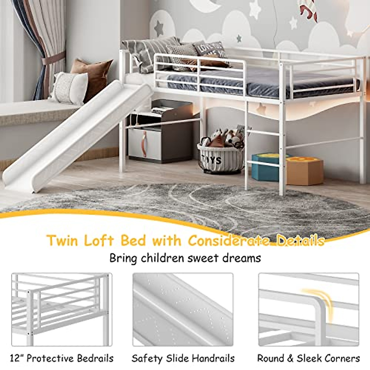 Giantex Twin Loft Bed with Slide, Metal Low Bunk Bed w/Safety Guardrails & Built-in Ladder, Toddler Bed Floor Frame for Boys & Girls, No Box Spring Needed (White)