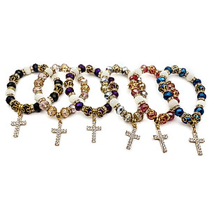 Nazareth Store Catholic Crystallized Cross Deep Blue Crystal Beads Wrist Rosary Bracelet Adjustable Elastic Bangle