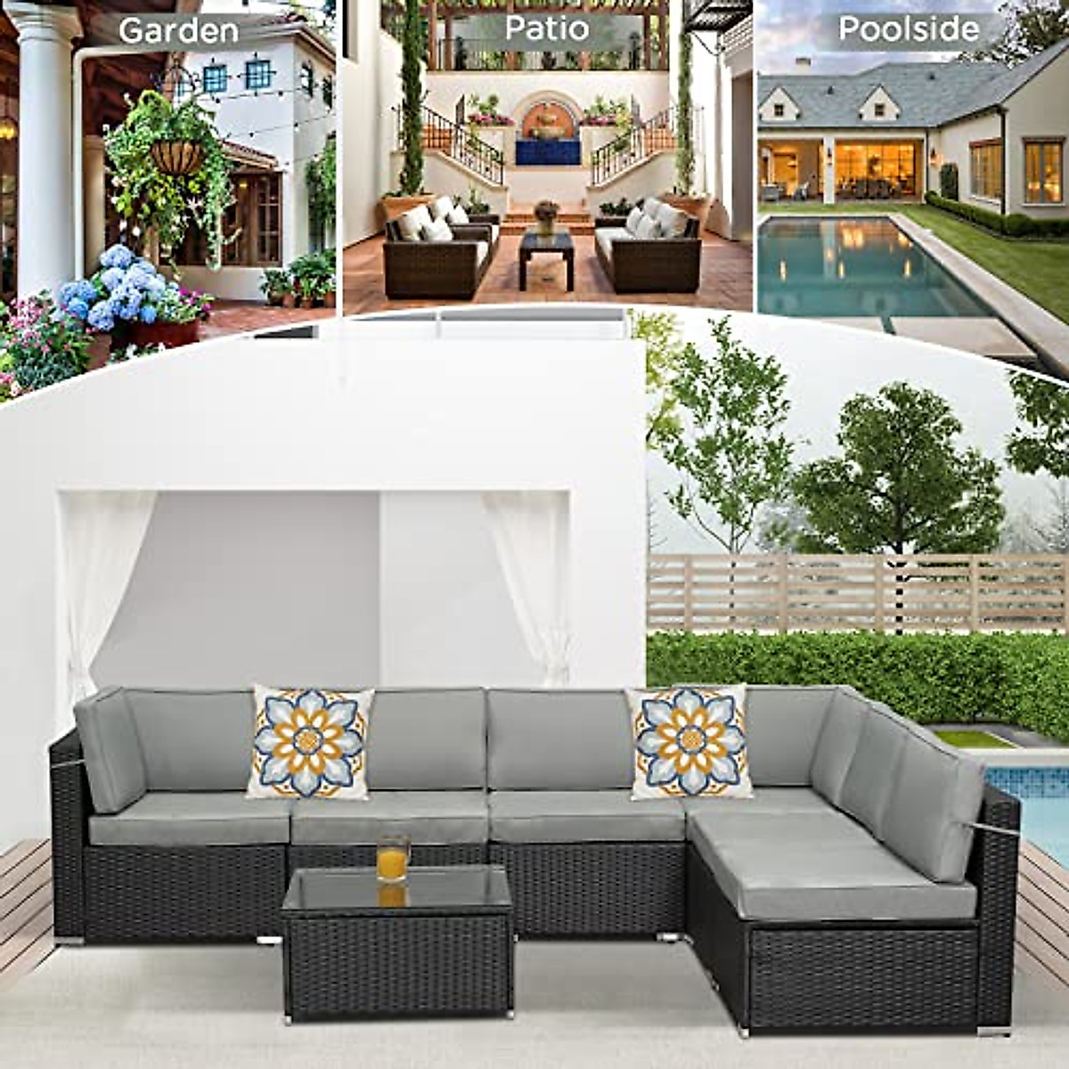 SUNVIVI OUTDOOR 7 Piece Patio Furniture Set, Outdoor Sofa for Backyard, Garden with 6 Sofas, 6 Seat Clips, Coffee Table - Black/Grey