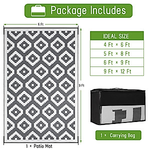Easy-Going Reversible Outdoor Rugs 6x9ft Waterproof Plastic Straw Rug Stain & UV Resistant Floor Mat for Patio Porch RV Backyard Pool Deck Picnic Beach Trailer Camping (Diamond/Gray & White)
