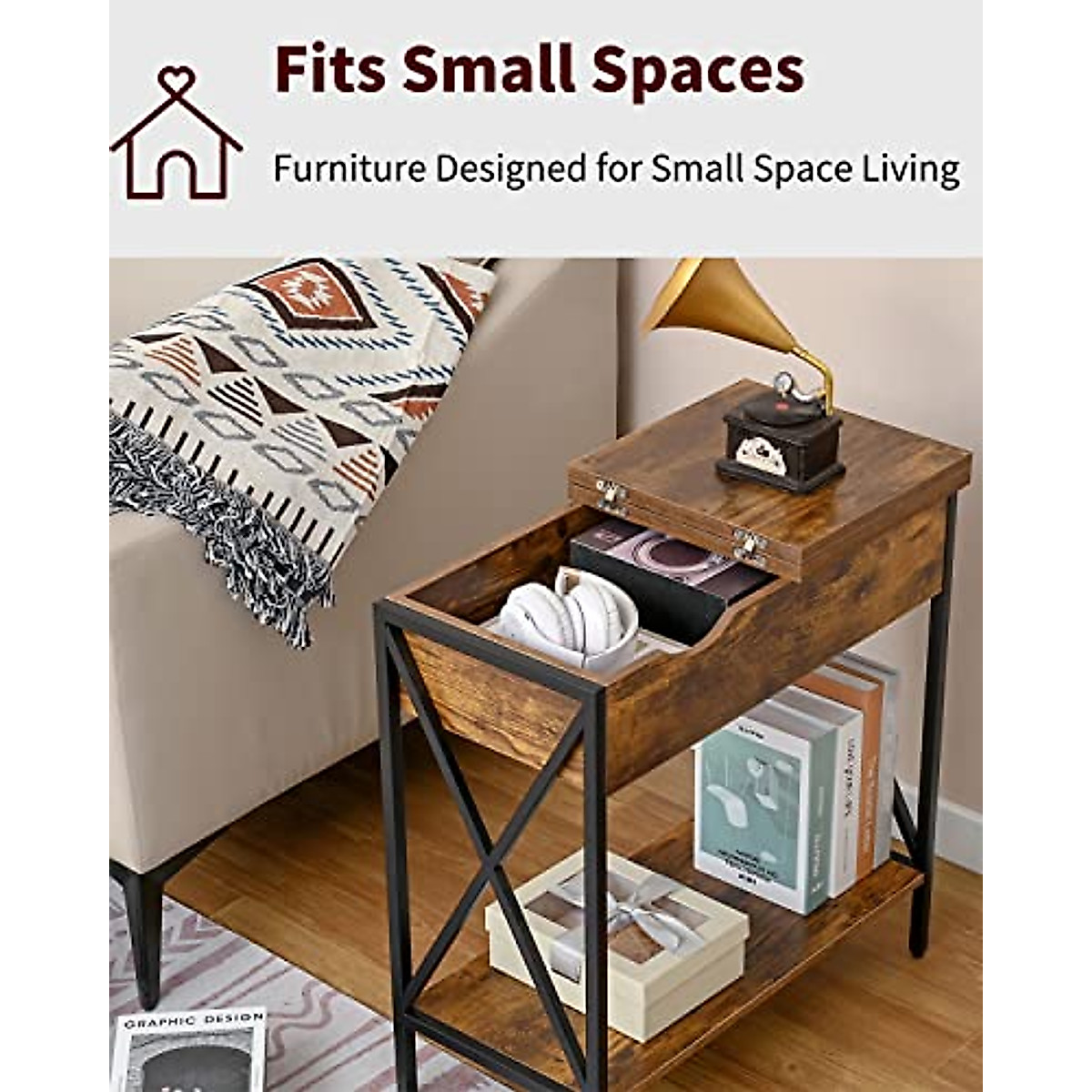 WEENFON Narrow End Table, 2 Tiers Flip Top Sofa Side Table, Nightstand with X-Shaped Metal Legs, Rustic Brown and Black