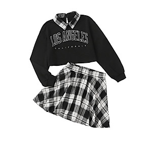 SOLY HUX Girl's Letter Print Sweatshirt Top and Plaid Skirt Set 2 Piece Outfits Black White 11-12Y