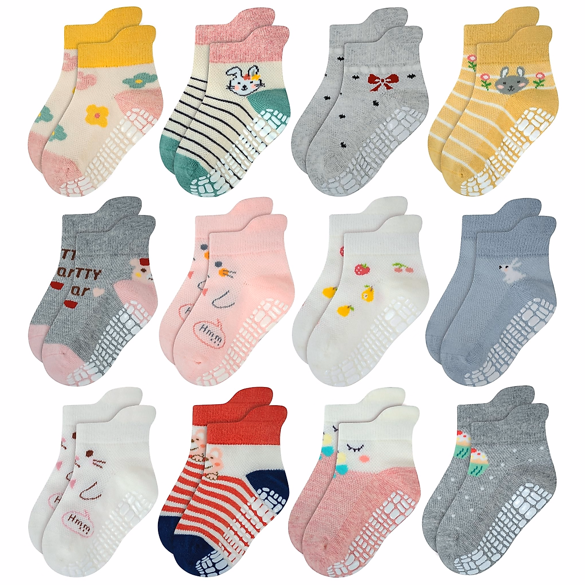RATIVE Ankle Anti Slip Non Skid Organic Cotton Socks with Grips Grippers for 1 2 Years Old 2T 12 18 Months Toddler Boy Boys Girl Girls (12-24 Months, 12-Pairs/AG-200)