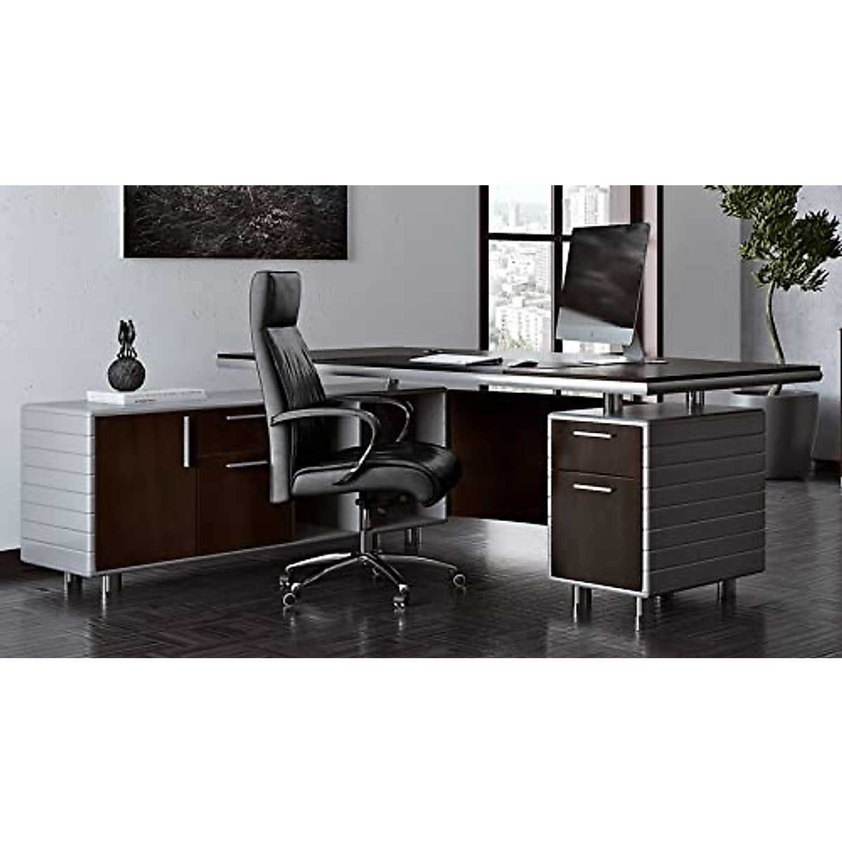 Zuri Furniture 83" Modern Kennedy Executive Dark Wood Desk with Left Return