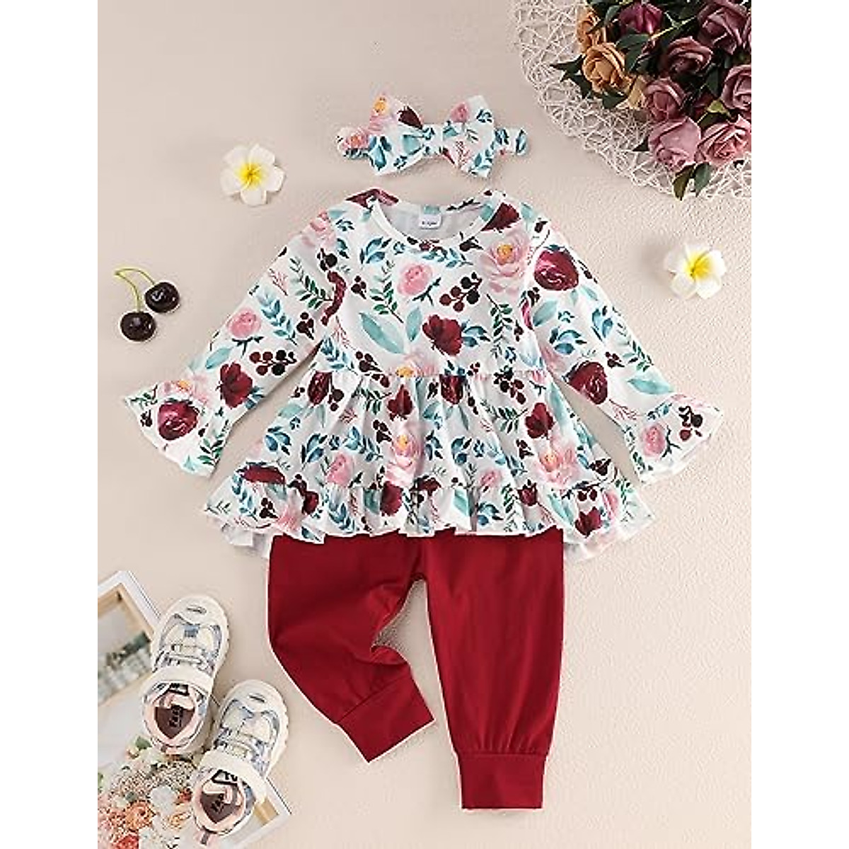 FoWear Baby Girl Clothes Ruffle Floral Top and Pants Toddler Baby Girl Clothes 3Pcs Fall Baby Girl Outfits Brown 18-24 Months