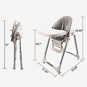 Ezebaby Foldable, Portable High Chair with 4 Wheels and Removable Tray with Adjustable Seat Heigh Recline for Babies, Infant and Toddler (Grey)