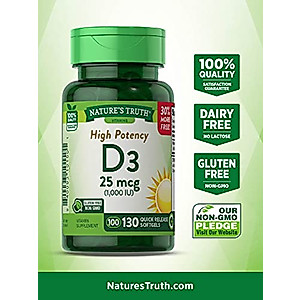 Vitamin D3 1000 IU | 130 Softgels | High Potency D | Non-GMO, Gluten Free, Soy Free | by Nature's Truth