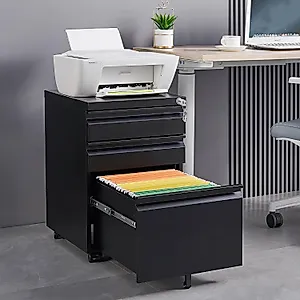 RIDFY Rolling File Cabinet with Lock, 3-Drawer Office Storage Filing Cabinet for Letter Size, Steel Metal Filing Cabinet for Home Office,Lateral File Cabinet for Place The Printer,Black