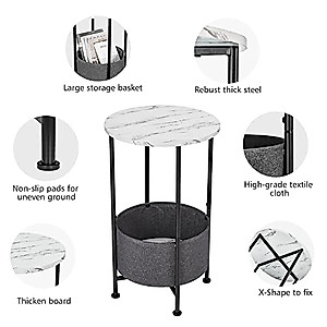 LEMONDA 26" High Marble White Round End Table with Storage,Small 2 Tiers Round Side Table with Basket for Living Room Bedroom,Round Sofa Table Nightstand Bedside Table for Small Spaces