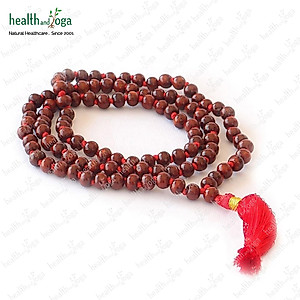 HealthAndYoga™ Rose Wood Mala (108 + 1 Beads with Tassel) & Velvet Bag - Hand Knotted Rosary for Mantra Chanting, Meditation - Invokes Vitality & Courage, Improves Skin Health, Influences Heart Chakra