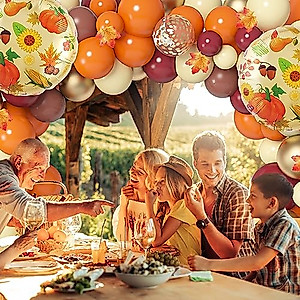 Amandir 180PCS Fall Thanksgiving Balloons Arch Garland Kit, Fall Birthday Party Baby Shower Decorations with Orange Burgundy Brown Gold Balloons Maple Leaves for Little Pumpkin Autumn Party Supplies