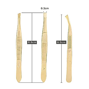 Tvoip 3Pcs Eyebrow Tweezer Golden Stainless Steel Slant/Flat Tip Curved Forceps Hair Removal Cosmetic Makeup Tool Kit Face Trimmer
