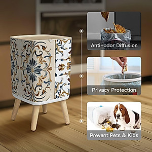 Small Trash Can with Lid Seamless Azulejo tile Portuguese Spain decor Ceramic tile Victorian Wastebasket with Press Cover Dog Proof Garbage Can Waste Bin for Kitchen Bathroom Nursery 2.6 Gallon