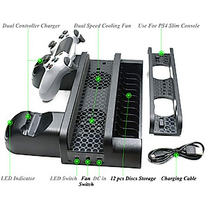 VSEER PS4 Stand Cooling Fan Station for PS4/PS4 Slim/PS4 Pro,PS4 Vertical Charging Station with Dual Controller,PS4 Accessories with Game Storage for PS Consoles