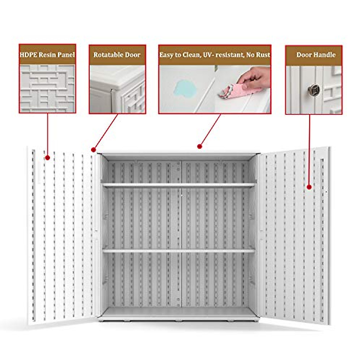 HOMSPARK Medium Resin Storage Cabinet Waterproof, 60-Gallon Indoor & Outdoor Deck Box for Garden Tools, kitchen Accessories, with 2 Laminate Shelves, (34 in. L x 15 in. W x 36 in. H, Light Beige)