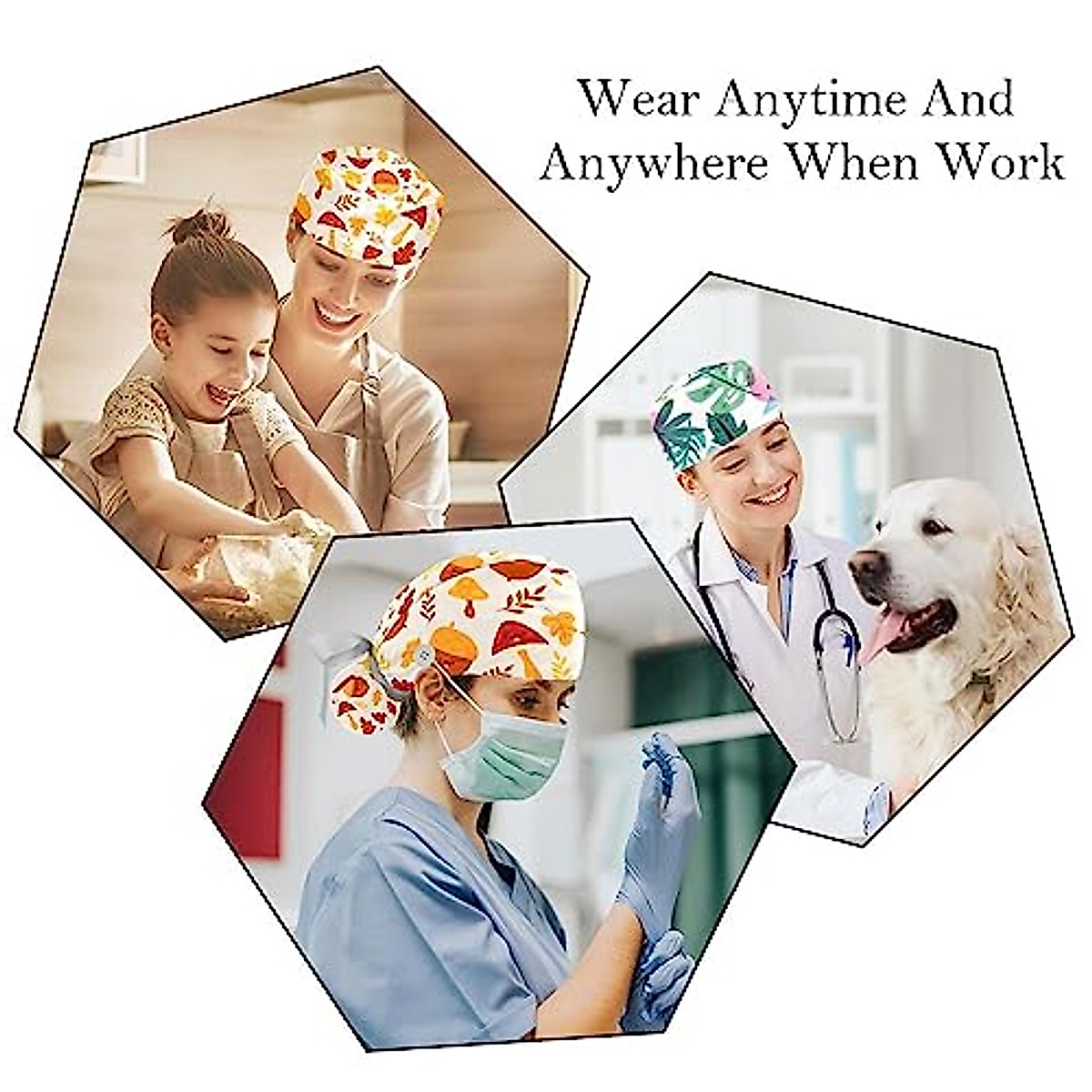 Scrub Cap Women, 2 Packs Lovely Acorn & Leaves Bouffant Hat with Ponytail Pouch, Cotton Working Hat Sweatband
