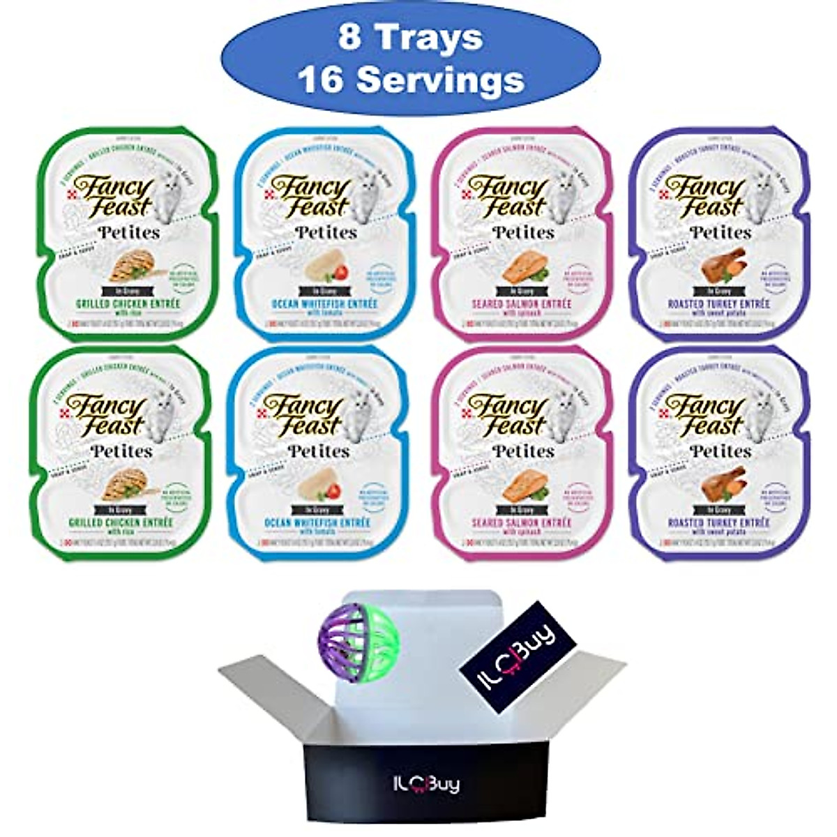Fancy Feast Petite Gravy Variety, 4 Flavors, 2(Each); Ocean Whitefish, Seared Salmon,Grilled Chicken and Roasted Turkey Wet cat Food .Total of 08 Trays. Plus a Noisy Cat Toy Ball