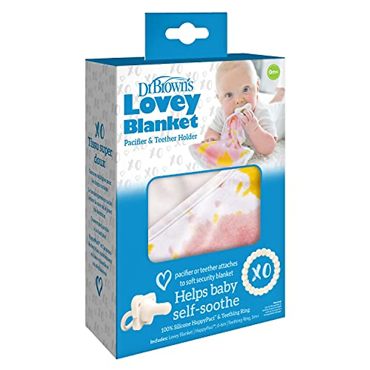 Dr. Brown's Lovey Blanket with Beaded Ring Teether and HappyPaci Silicone One-Piece Pacifier, Pink
