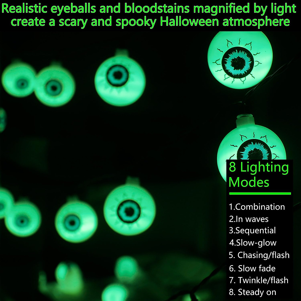 Halloween Decorations Solar Eyeball String Lights Outdoor, Solar Halloween Lights with 30 LED Scary Green Eyeballs, Waterproof Solar Halloween String Lights for Garden Tree Patio Yard Party Decor