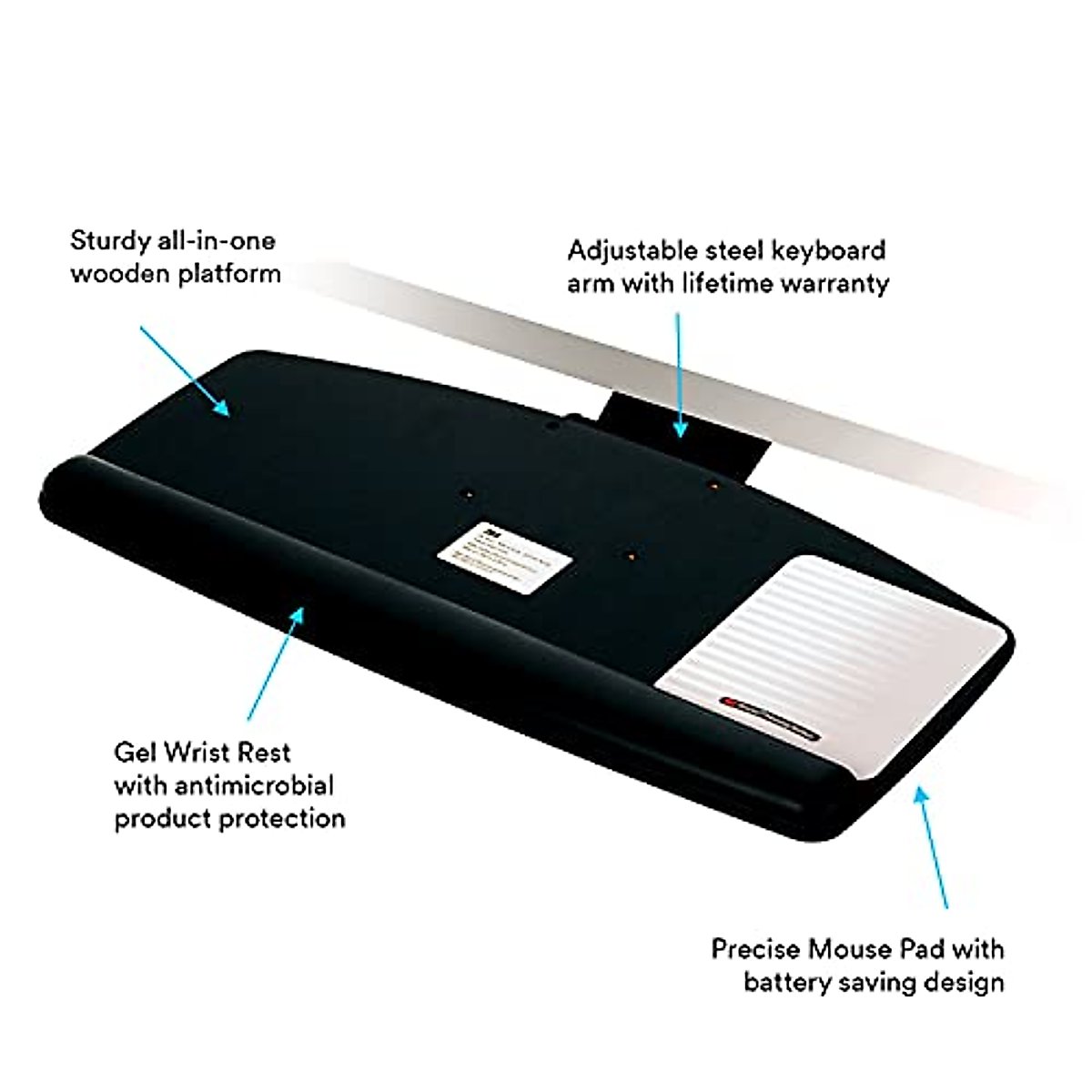 3M Keyboard Tray, Just Lift To Adjust Height And Tilt, Sturdy Tray Includes Gel Wrist Rest And Precise Mouse Pad, Swivels Side To Side And Stores Under Desk, 23" Track, Black (AKT90LE)