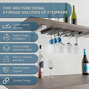 CHILLEX MART - Wine Glass Holder Under Cabinet & Shelf, Wine Glass Hangers Stemware Wine Rack, Hanging Wine Glass Rack with 3 Free Mug Hooks for Kitchen & bar Restaurant Storage (Black, 4 Rows)