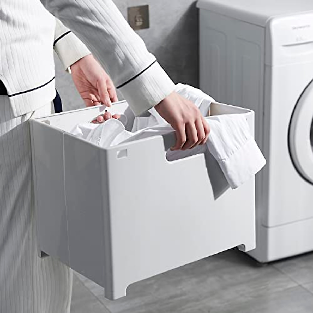 Alacati - Collapsible Laundry Baskets With Handles - Foldable Plastic Laundry Hamper Wall Mount - White Portable Dirty Clothes Baskets Square - Space Saving Flexible Bathroom Storage Organizer Bin