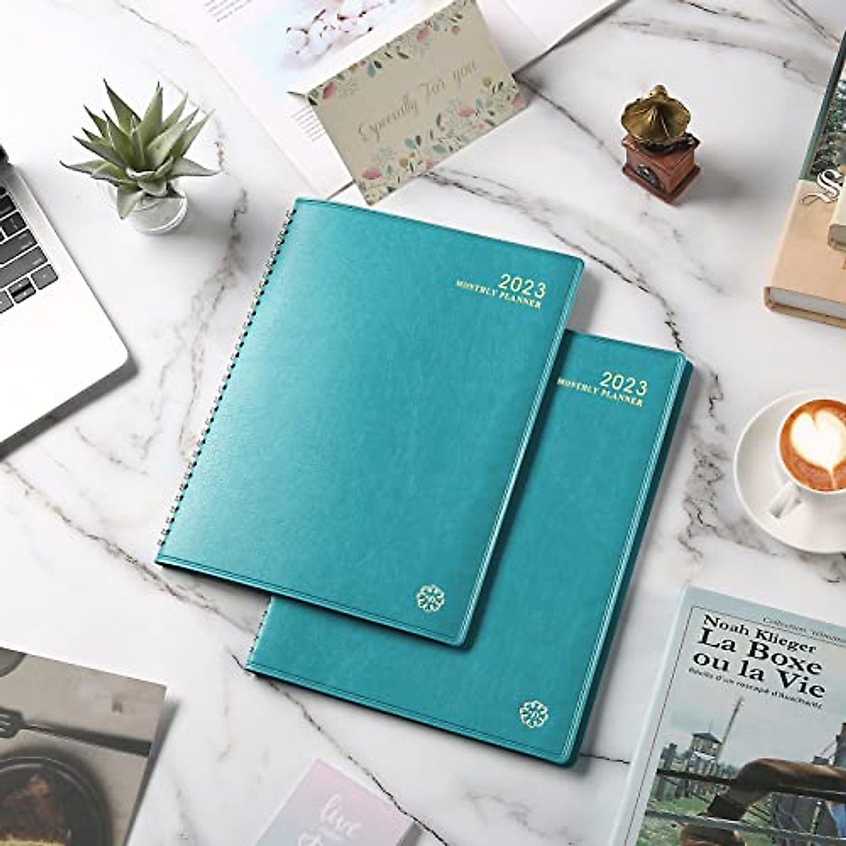 2023 Monthly Planner/Calendar - Monthly Planner from January 2023 - December 2023, Leather Calendar Planners with Tabs, Twin-Wire Binding and Double Side Clear Inner Pocket, 9" x 11", Plain/Blank Writing Blocks