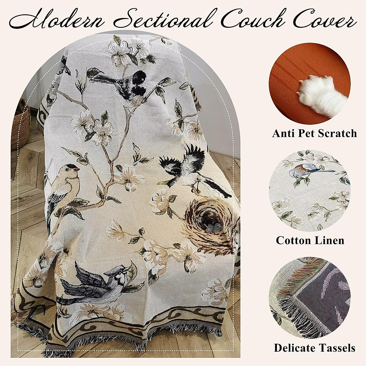 VClife Boho Couch Cover Cotton Linen Beige Sofa Cover Vintage Floral Birds Couch Cover for 2 Cushion Couch Sofa Dog Pet Friendly Non-Slip Loveseat Cover Futon Cover Sofa Cover with Tassel 71"x 118"