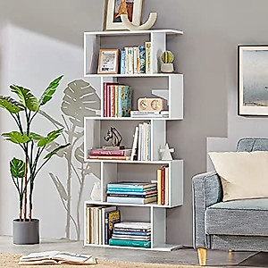 Sunon Geometric 5-Tier Bookshelf, Modern Bookshelf 5 Standing Shelves Bookcase S Shape Display Shelf and Room Divider, Unique Z Freestanding Decorative Storage Shelving Corner Bookcase for Bedroom