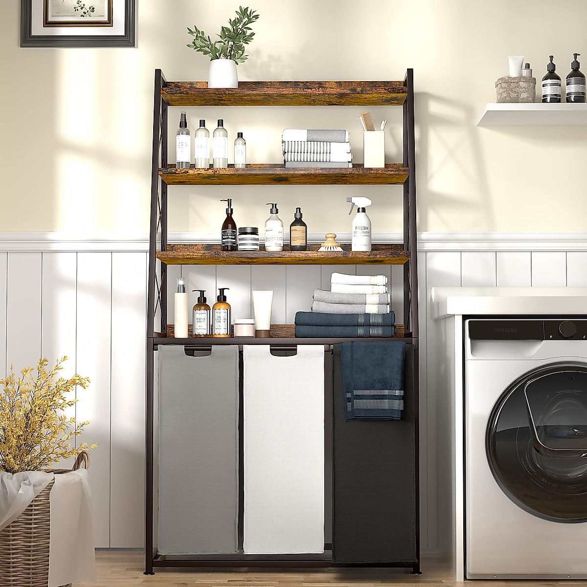 Herture Laundry Basket, 3 Section Laundry Hamper with 4 Tiers Shelf, Pull-Out and Removable Laundry Bags, Large 3 x 15.87 Gallons, for Laundry Room Bathroom Rustic Brown PF05XLN