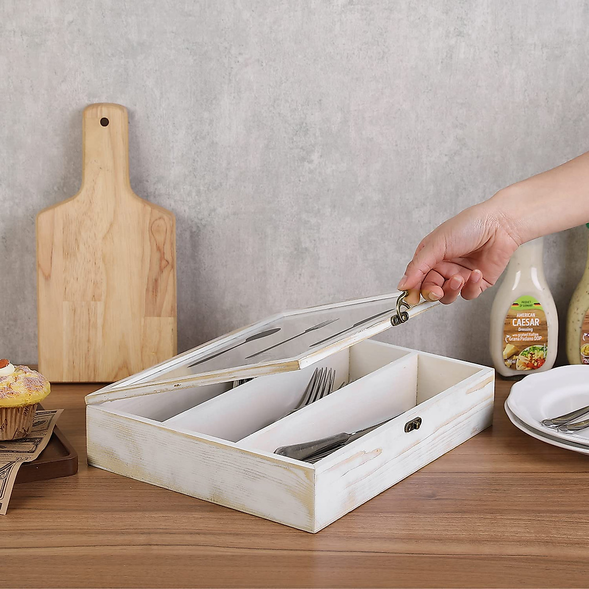 MyGift Rustic Whitewashed Wood Cutlery Tray Case with Acrylic Lid and Latch Lock, Buffet Table Utensils Flatware Server Caddy, Spoon and Fork Holder