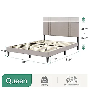 Novilla Queen Bed Frame with Headboard, Bed Frame Queen Size with Wood Slats Support,Linen Upholstered Adjustable Headboard, No Box Spring Needed, Heavy Duty Feet, Easy Assembly, Beige