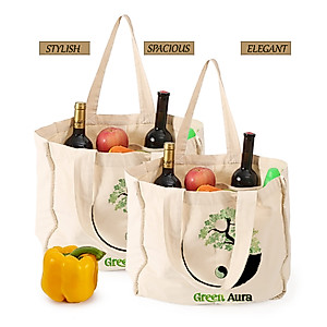 Green Aura Kitchen Reusable Grocery Shopping Bags, Canvas Grocery Bags Reusable Shopping Bags, Reusable Grocery bags Washable, Foldable & Heavy Duty, Cloth Grocery Bags With Handles, Set of 2 (L) Bags