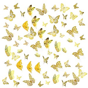 cpqakb 3D Butterfly Wall Decor 48 Pcs 4 Styles 3 Sizes, Gold Butterfly Decoration for Birthday,Party, Removable Wall Stickers Interior Decoración Kids Nursery Classroom Wedding Decor (Gold 48 Pcs)