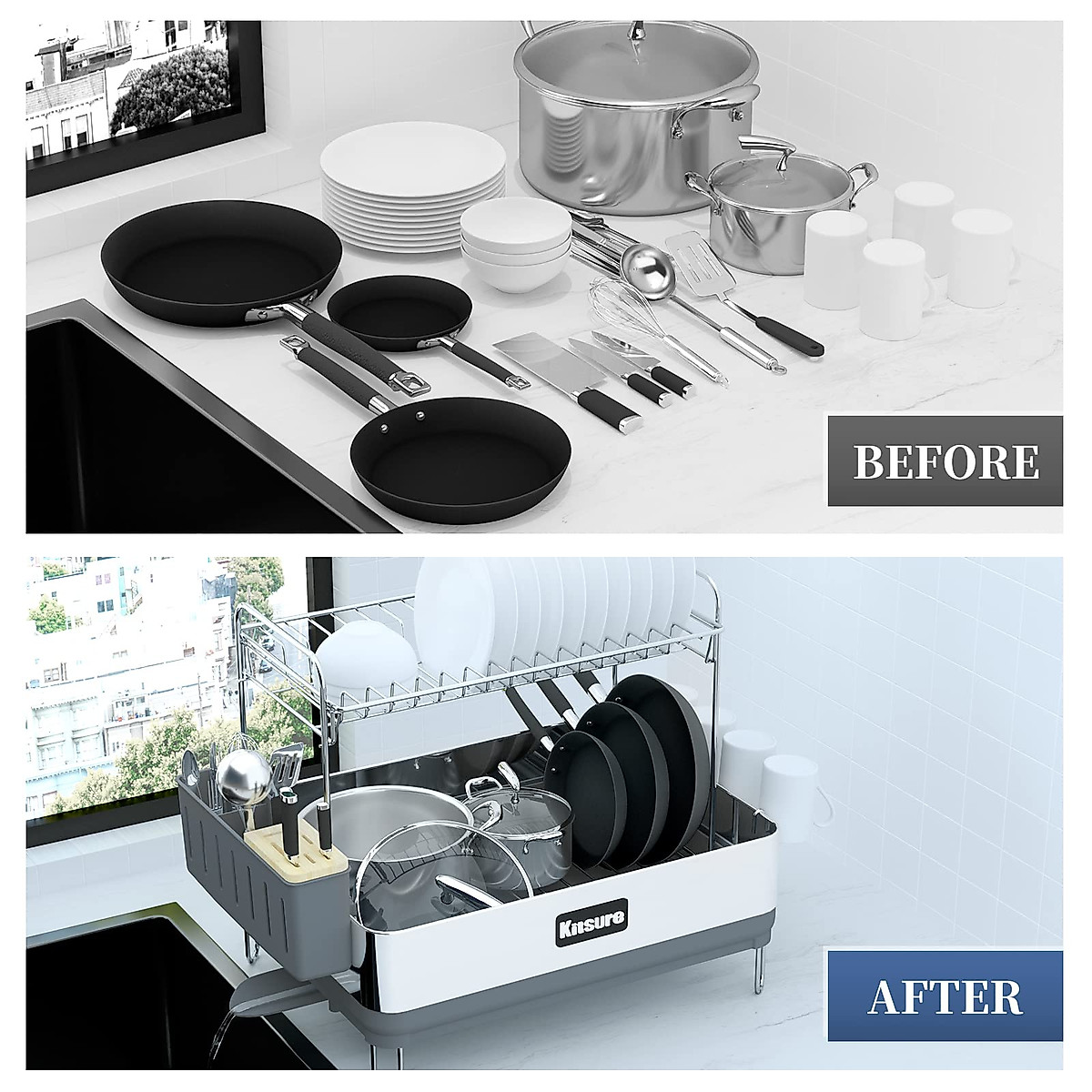 Kitsure Dish Rack, 2-Tier Dish Drying Rack with Large Capacity, Multifunctional Dish Drying Rack with Drainboard, Rustproof & Durable Dish Rack