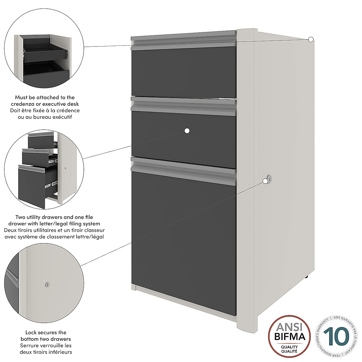 Bestar Connexion 16W Add-On 3 Drawer Pedestal in slate & sandstone