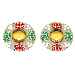 Set of 2 MDF Wooden Lotus Base T Light Holder Candle Stand Tealight Holders for Indian Traditional Festival Decoration Lighting Accessory Wedding Home Decor(Without Wax)(Red,Green)(Size:-4")